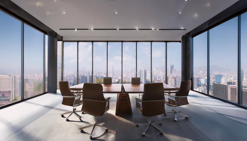Modern Conference Room Interior with Large Windows and City View. 3D ...