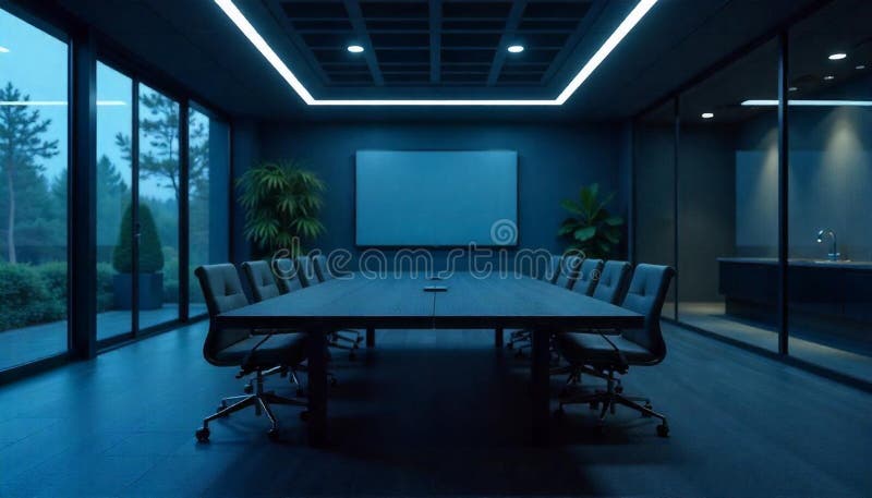 Modern Conference Room Interior with Long Table and Blue Tone Stock ...