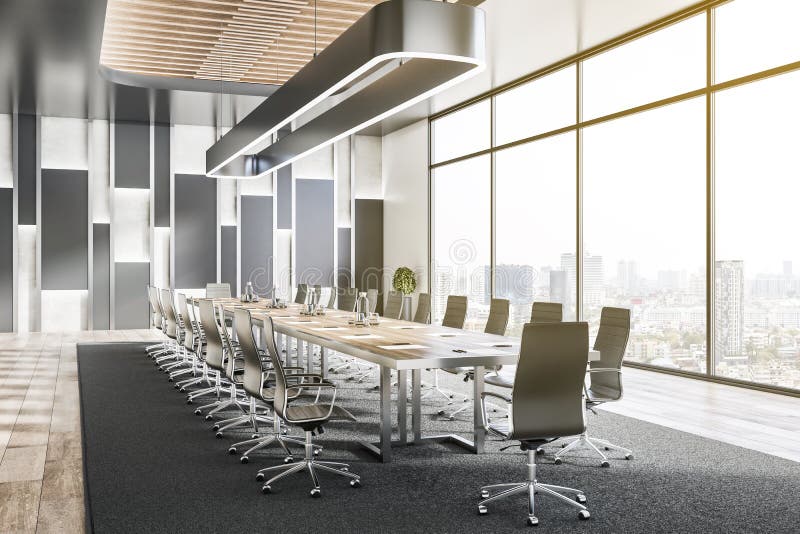 Modern Conference Room Interior with Windows and City View, Table and ...