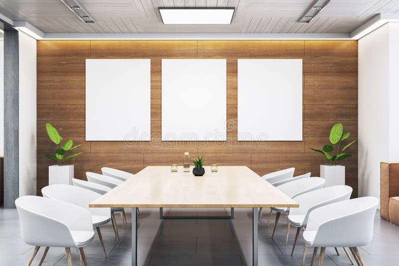 Modern Conference Room Interior with Wooden Wall and Three Vertical ...