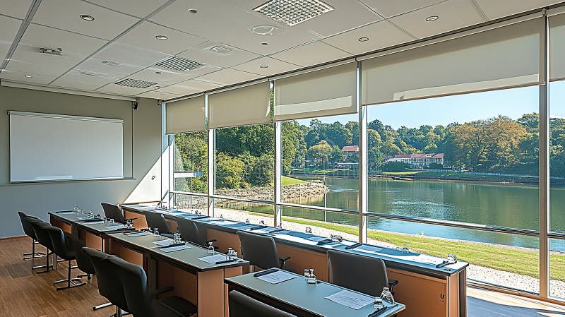 Modern Conference Room with Lake Views Stock Illustration ...