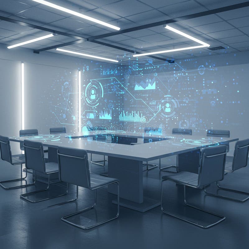 Modern Conference Room with a Large, Angular Table Surrounded by Sleek ...