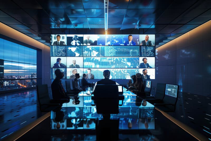 Modern Conference Room with Large Digital Screens Displaying Data ...