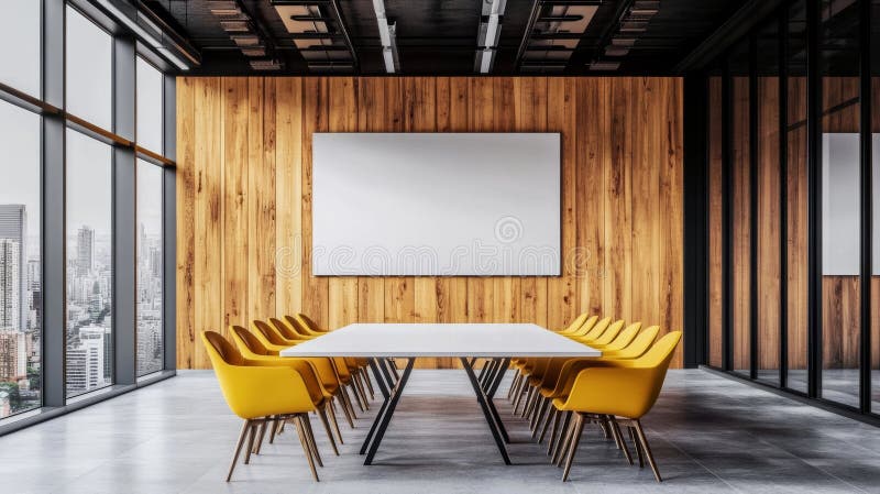 A Modern Conference Room with a Large Presentation Screen and Yellow ...