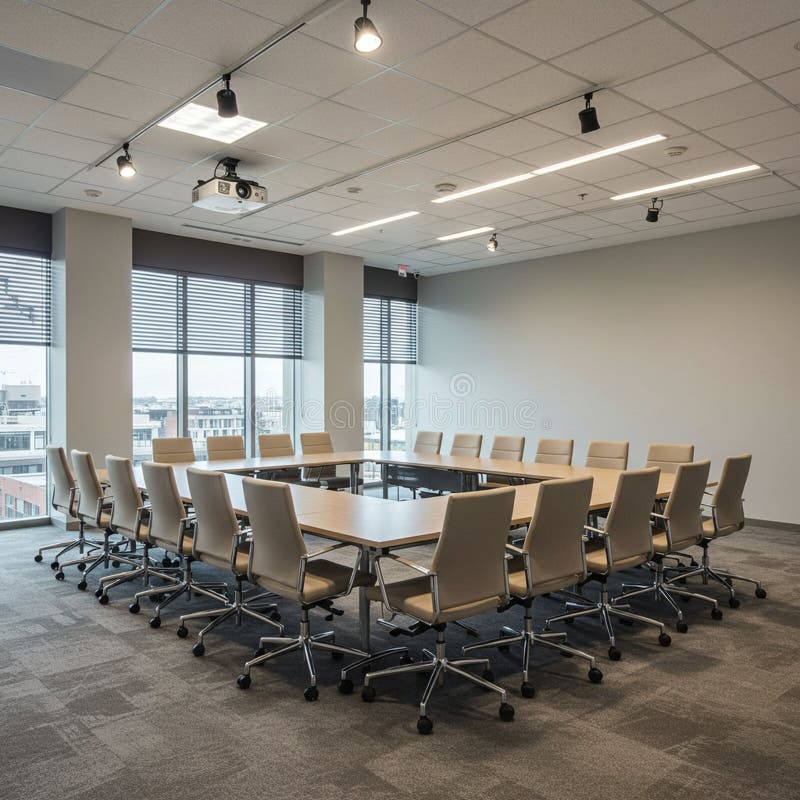 Modern Conference Room with a Large Rectangular Table Surrounded by ...