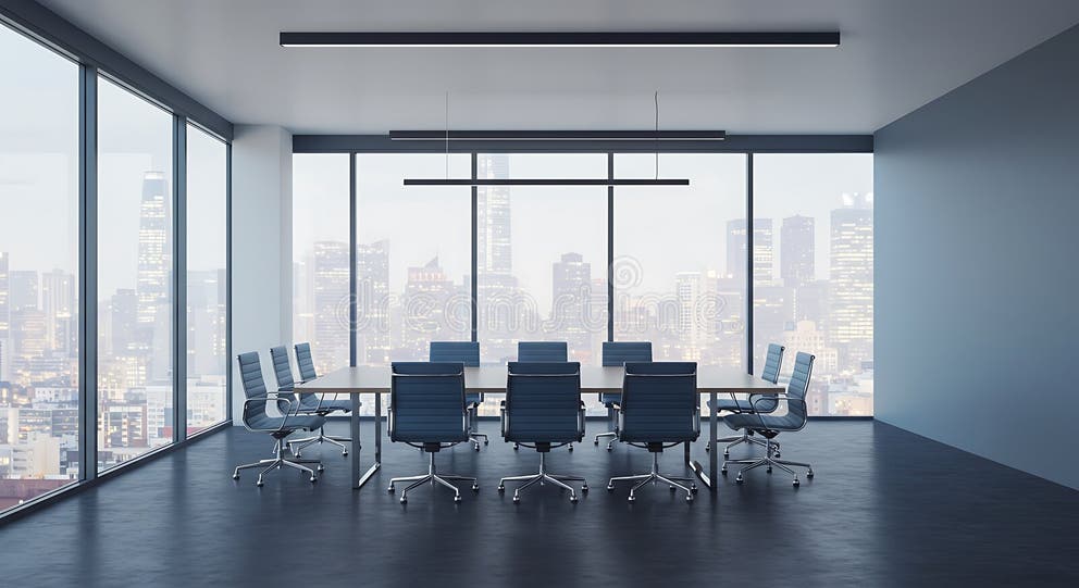 Modern Conference Room with a Large Rectangular Table Surrounded by Ten Blue Stock Illustration ...