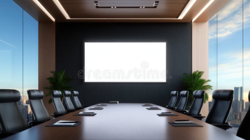 Modern Conference Room with Large Screen and City View Stock Photo ...