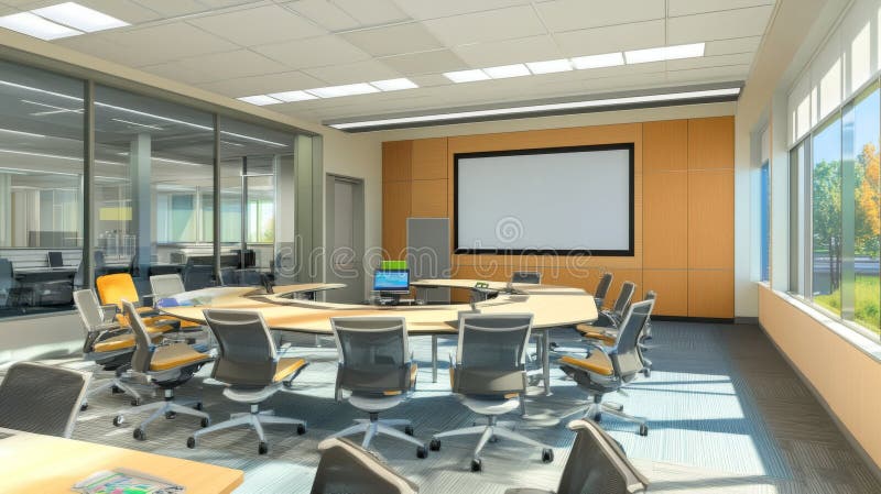 Modern Conference Room with Large Screen and Curved Table Stock ...