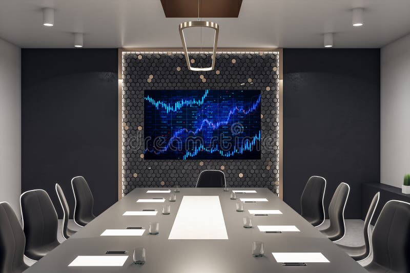 Modern Conference Room with Large Screen Displaying Financial Data on ...