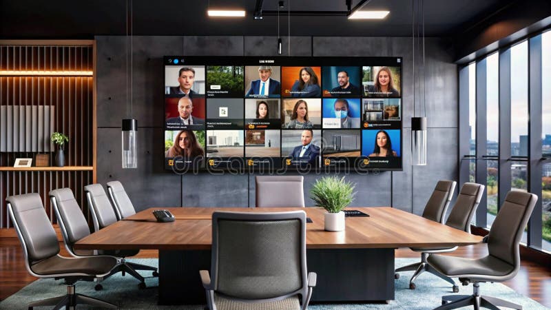 A Modern Conference Room with a Large Screen Displaying a Video Call ...