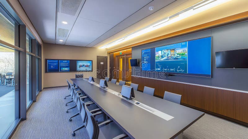Modern Conference Room with Large Screen, Long Table, and Chairs Stock ...