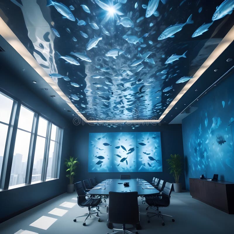 A Modern Conference Room with a Large Table and Chairs. the Ceiling is ...
