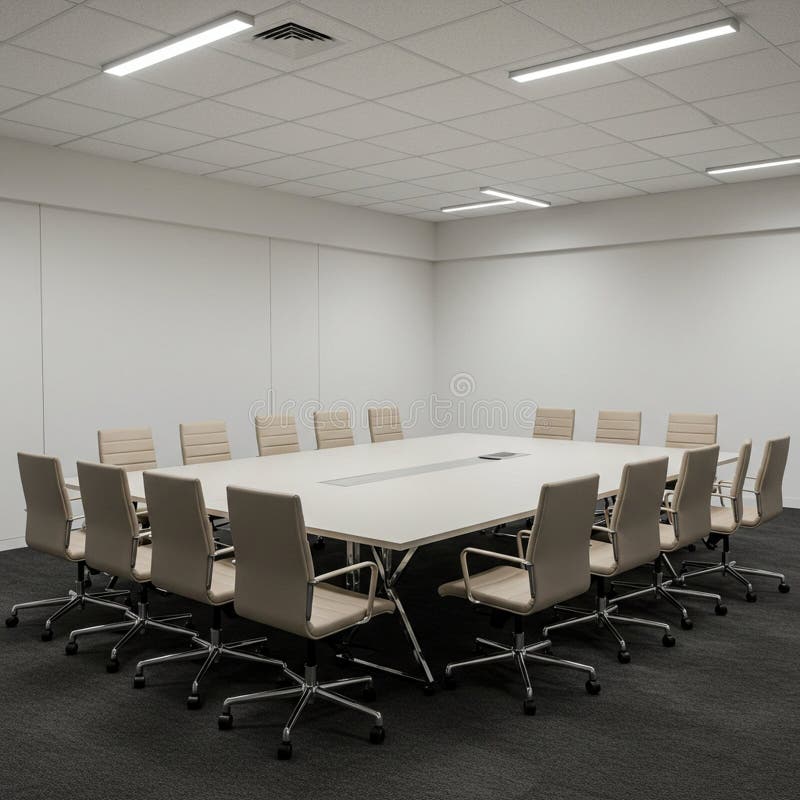 Modern Conference Room with a Large, White Rectangular Table Surrounded ...