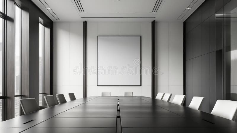 Modern Conference Room with Large Window and Blank Poster Stock Image ...