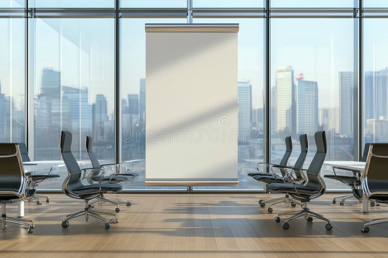 Modern Conference Room with Large Windows and Blank Presentation Screen ...