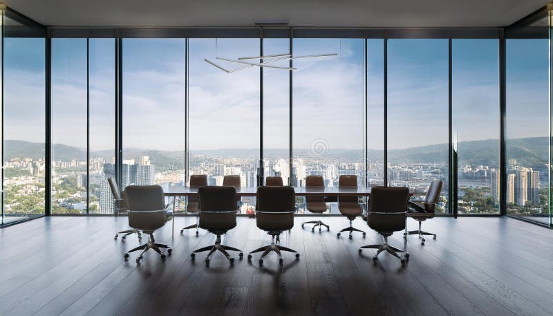 Modern Conference Room with Large Windows and City View. 3D Rendering ...