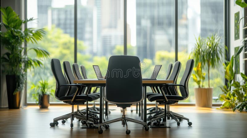 Modern Conference Room with Large Windows and Greenery, Empty Chairs ...