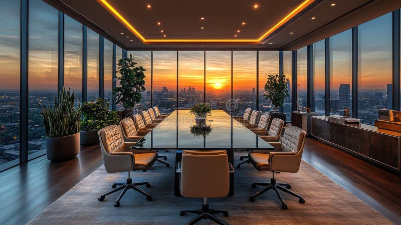 A Modern Conference Room with Large Windows Overlooking a Cityscape at ...