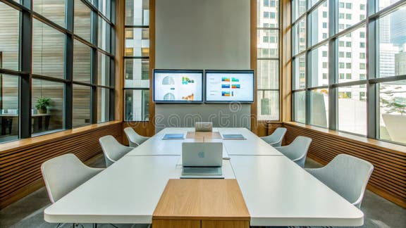 Modern Conference Room with Large Windows and Technology Display Stock ...