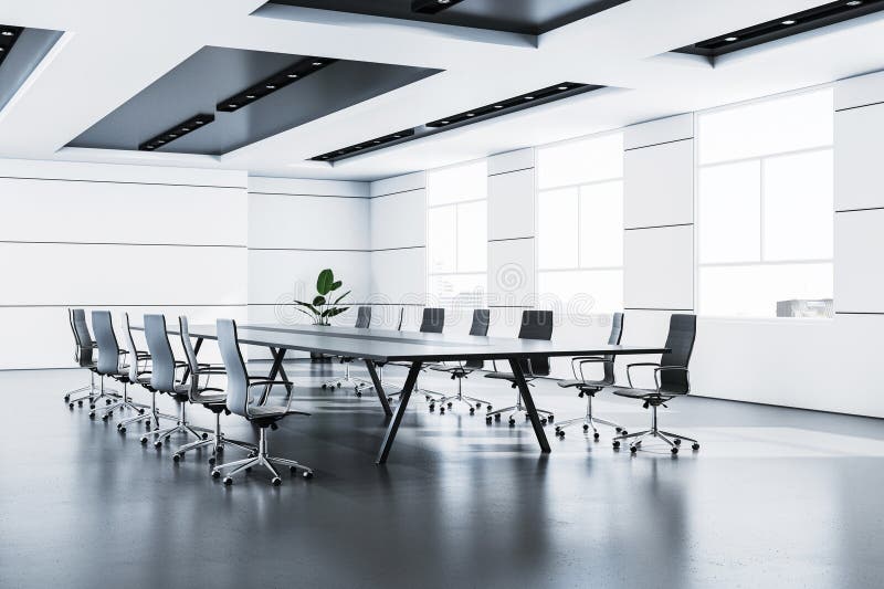 Modern Conference Room with Long Table, Chairs, Large Windows, and ...
