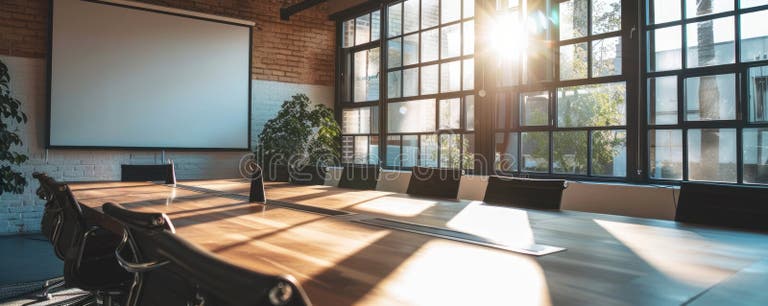 Modern Conference Room with Long Table and Presentation Screen for ...