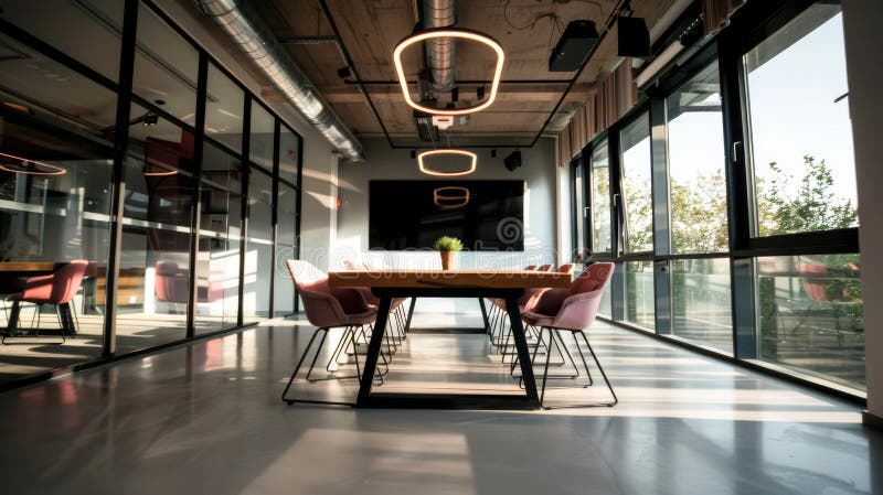 Modern Conference Room with Long Table and Presentation Screen for ...