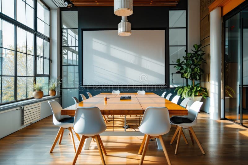 Modern Conference Room with Long Table and Presentation Screen for ...