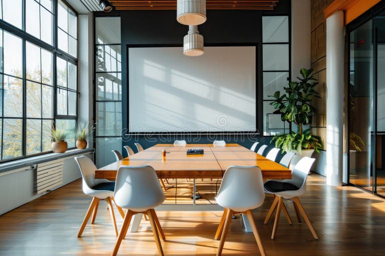 Modern Conference Room with Long Table and Presentation Screen for ...
