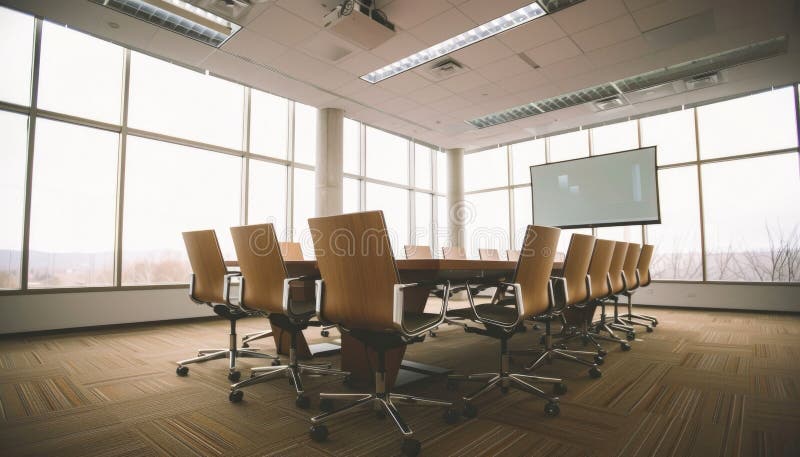 Modern Conference Room with Long Table and Presentation Screen for ...