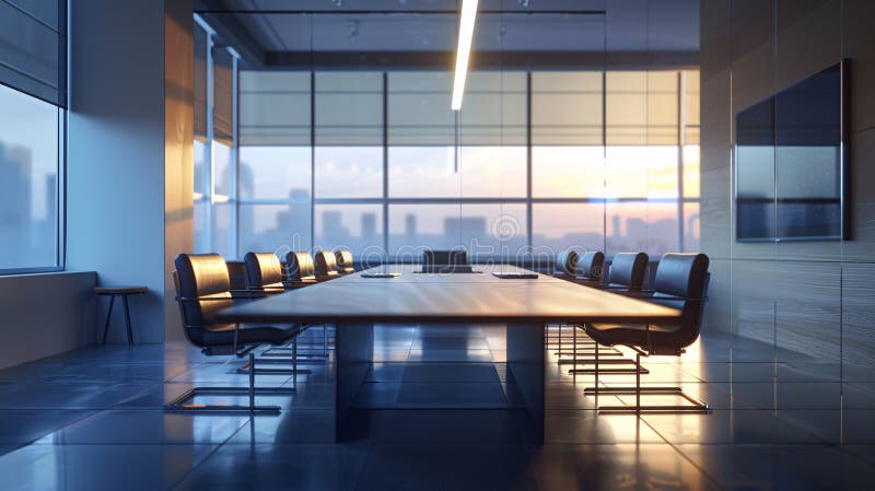Modern Conference Room with Long Table and Sleek Chairs, Illuminated by ...