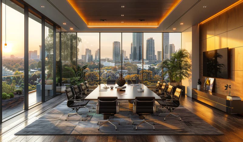Modern Conference Room Interior with Huge Windows Amazing Cityscape ...