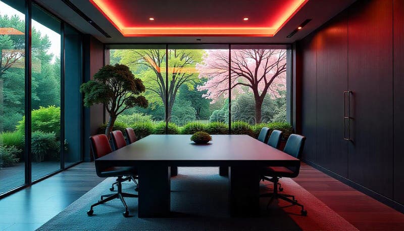 Modern Conference Room with Nature View and Red Lighting Stock ...
