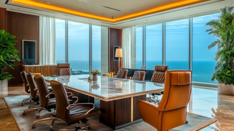 Modern Conference Room with Ocean View and Leather Chairs Stock ...