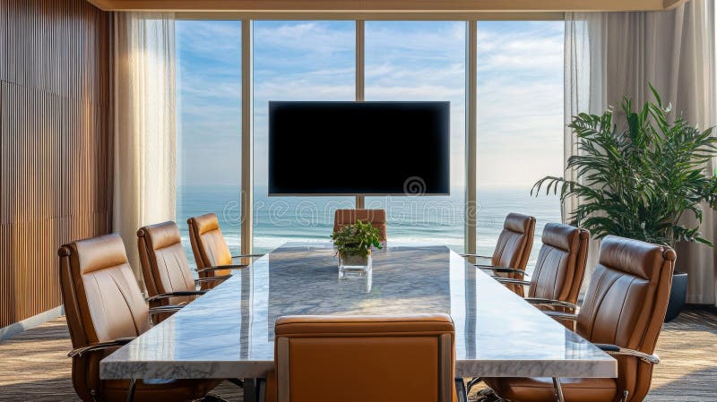 Modern Conference Room with Ocean View and Marble Table Stock ...