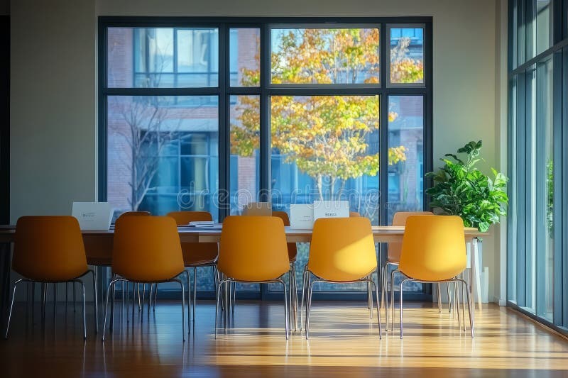 Modern Conference Room with Orange Chairs and a View of Autumn Trees ...