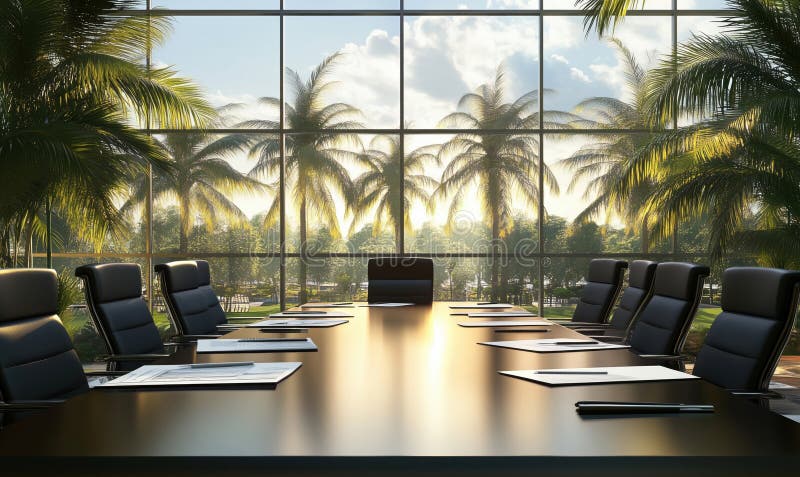 Modern Conference Room with Palm Trees View and Natural Light Stock ...