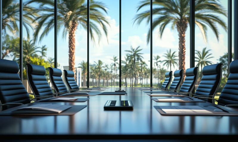 Modern Conference Room with Palm Trees View and Sleek Design Stock ...