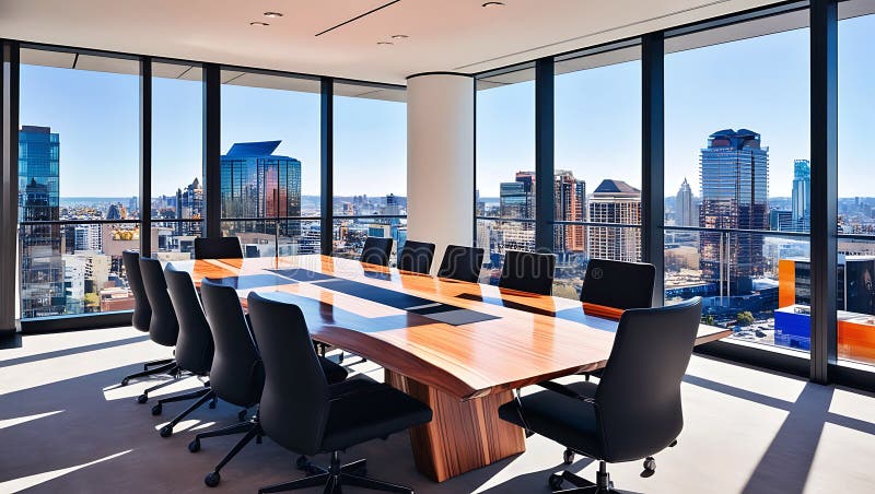 Modern Conference Room with Panoramic City View Stock Illustration ...