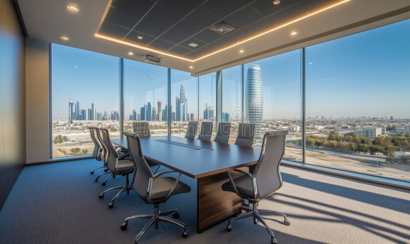 Modern Conference Room with Panoramic City View in Dubai Skyline Stock ...