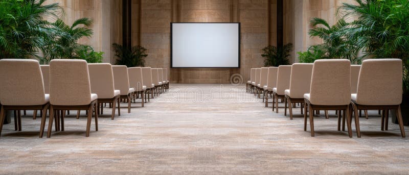 Modern Conference Room with Projection Screen and Tropical Plants Stock ...