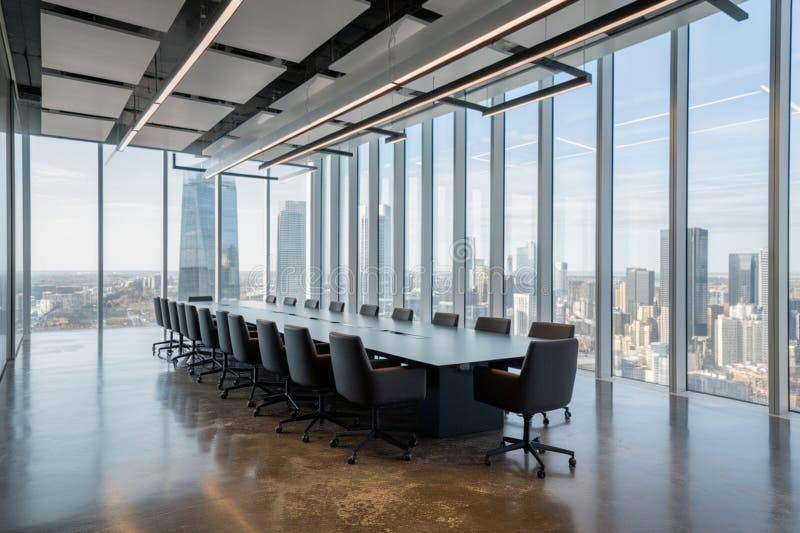 Modern Conference Room with a Rectangular Table and Panoramic City ...