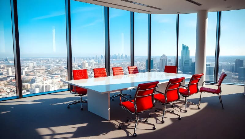 Modern Conference Room with Red Chairs and Panoramic City View during ...