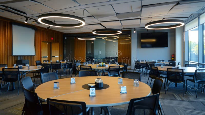 Modern Conference Room with Round Tables Stock Photo - Image of screen ...