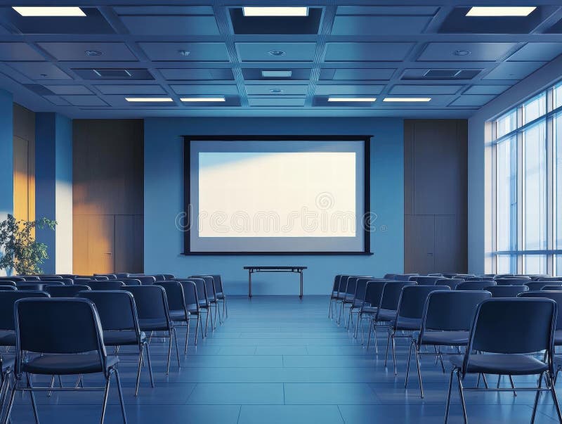Modern Conference Room, Rows of Chairs Facing a Large Projection Screen ...