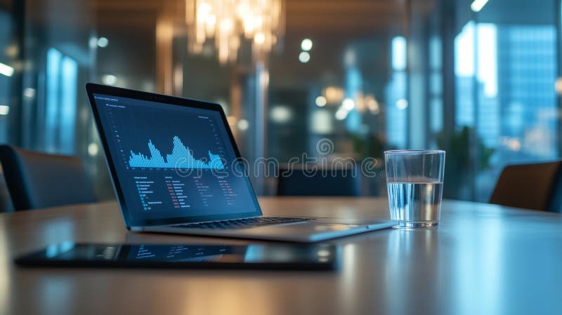 Modern Conference Room with Sleek Table and Laptop Displaying Financial ...
