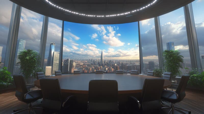 A Modern Conference Room with Stunning City View and Bright Sky Stock ...