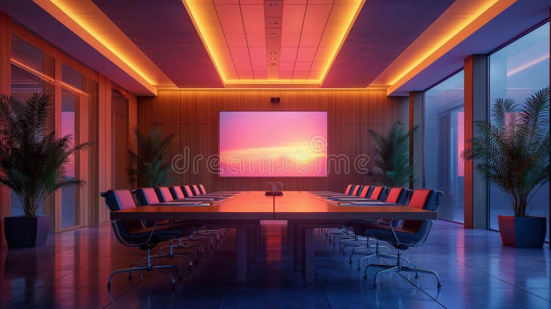 Modern Conference Room with Sunset Projection and Warm Lighting Stock ...