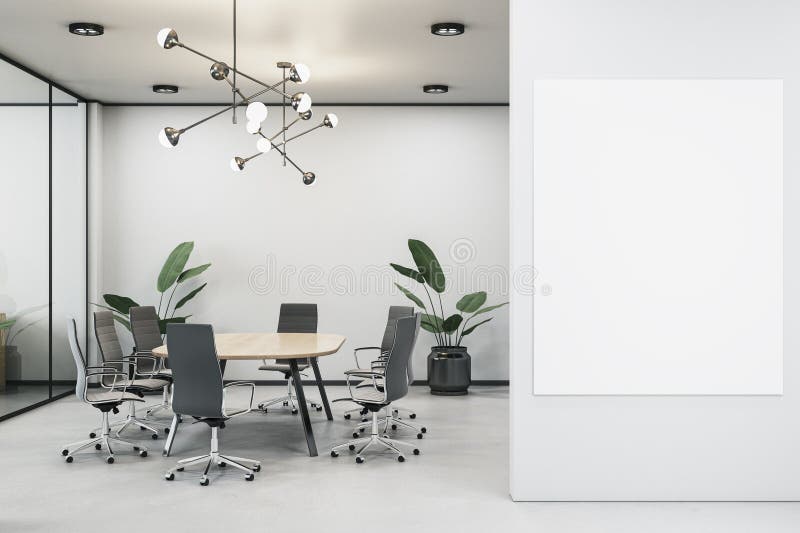 Modern Conference Room with Table, Chairs, Decorative Plants, and Blank ...