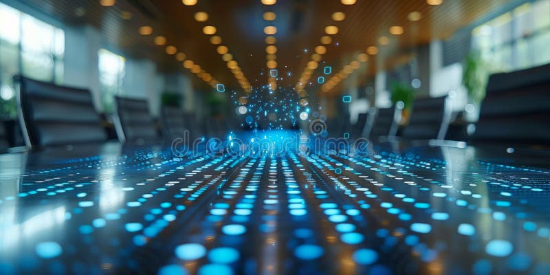 Futuristic Conference Room with Digital Screens Displaying Global Data ...