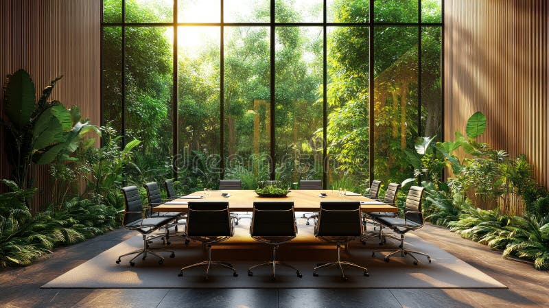 A Modern Conference Room with Transparent Walls and Lush Greenery Stock ...